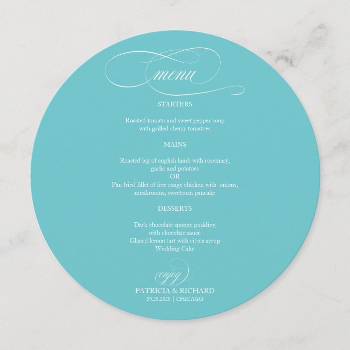 Purist Blue Elegant Round Wedding Menu | Zazzle.com