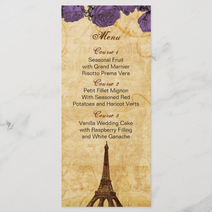 purp vintage eiffel tower Paris wedding menu cards | Zazzle.com