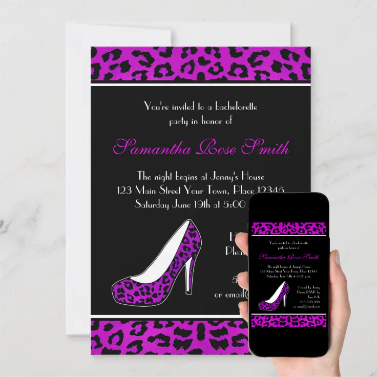 Purpl Leopard Animal Print Heel Bachelorette Party Invitation | Zazzle