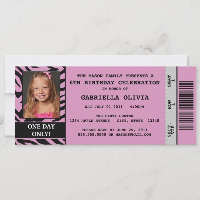 Purpl Zebra Event Ticket Birthday Party Invitation | Zazzle.com