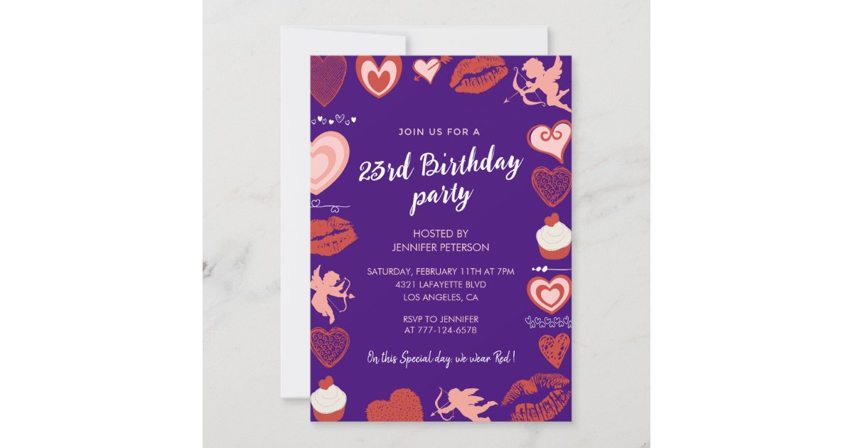 Purple 23rd birthday invitations Cute Hearts | Zazzle