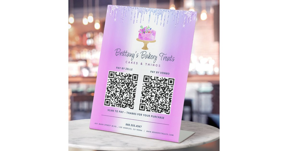 Purple 2 QR Code Pay Here Cake Bakery Glitter Drip Pedestal Sign | Zazzle