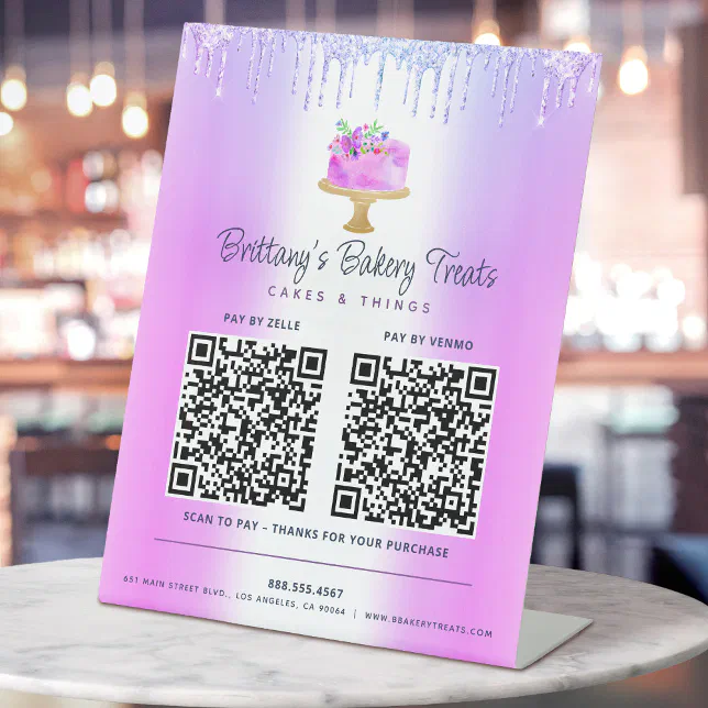 Purple 2 QR Code Pay Here Cake Bakery Glitter Drip Pedestal Sign | Zazzle