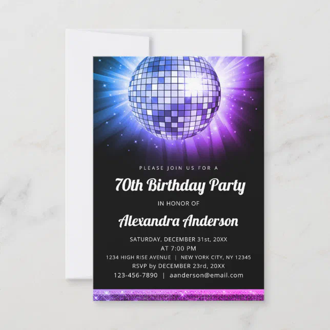 Purple 70th Birthday Party 70's Disco Ball Invitation | Zazzle