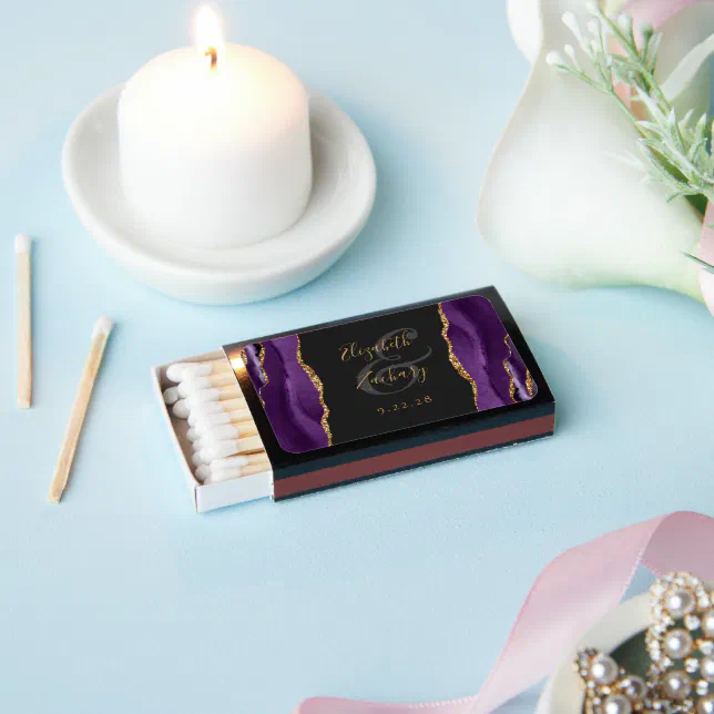 Purple Agate Gold Glitter Dark Wedding Matchboxes | Zazzle