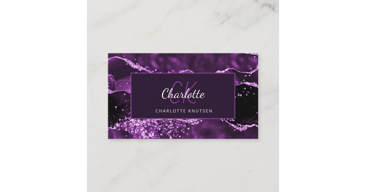 Purple agate pink marble glitter monogram business card | Zazzle