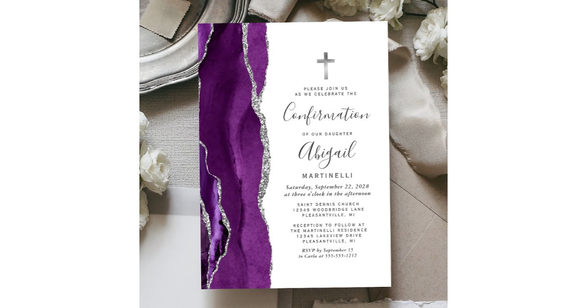 Purple Agate Silver Glitter Confirmation Invitation | Zazzle