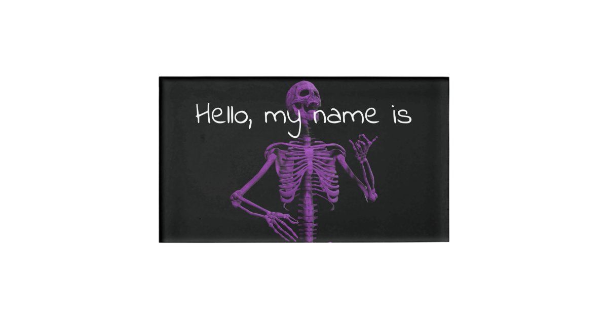 Purple air guitar skeleton name tag | Zazzle