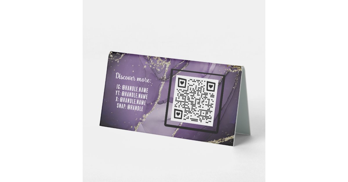 Purple Alcohol Ink Business QR code Social Handles Table Tent | Zazzle