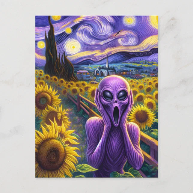 Purple Alien Screaming Sunflowers Faux Van Gogh Postcard | Zazzle
