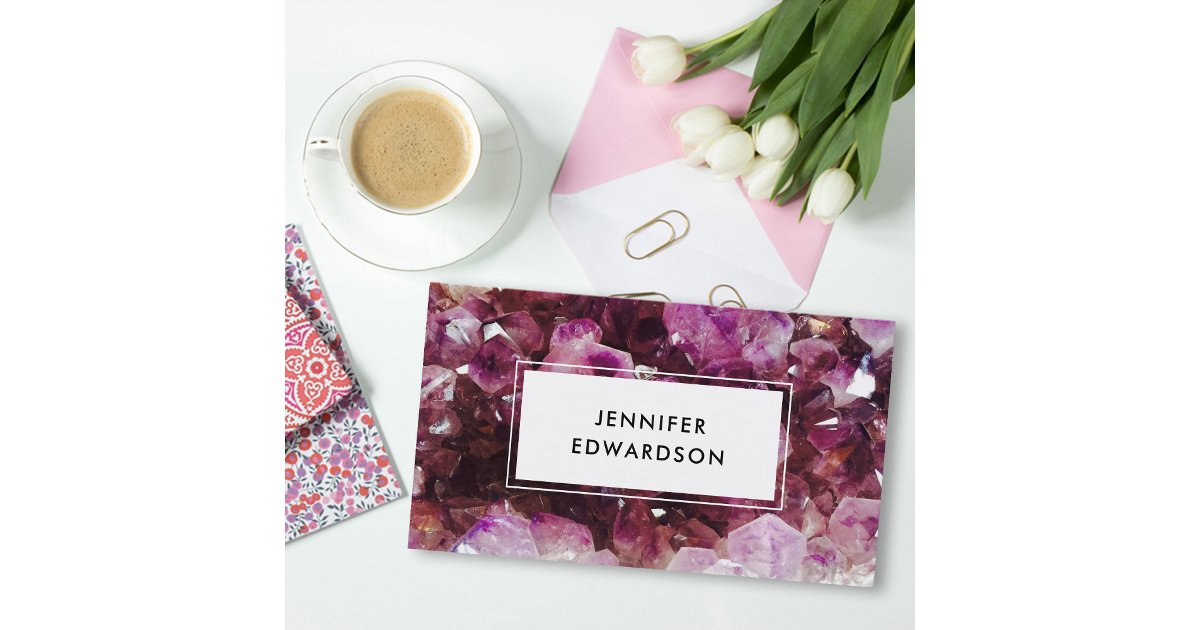 Purple amethyst gemstone crystal professional business card | Zazzle