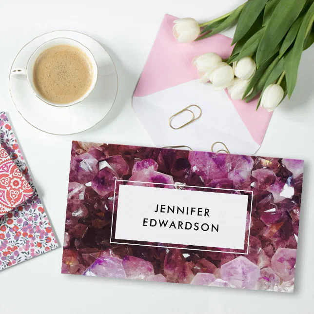 Purple amethyst gemstone crystal professional business card | Zazzle