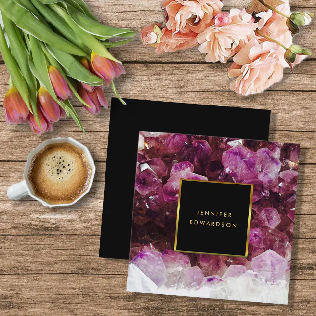 Purple amethyst gemstone crystal professional square business card | Zazzle