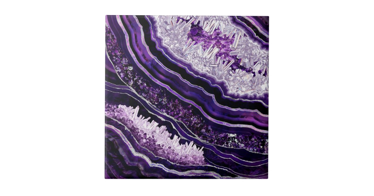 Purple Amethyst Geode and Silver Digital Art Ceramic Tile | Zazzle