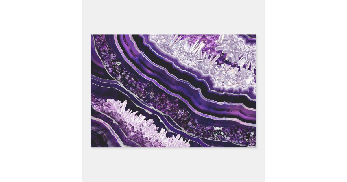 Purple Amethyst Geode and Silver Digital Art Wrapping Paper Sheets | Zazzle