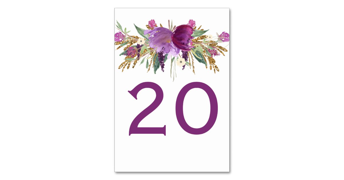 Purple Amethyst Gold Glitter Floral Table Cards | Zazzle