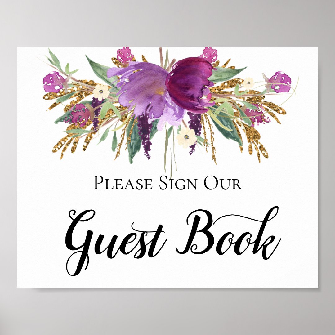 Purple Amethyst Gold Sparkles Guest Book Sign | Zazzle