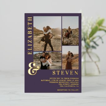 Purple ampersand 4 photo grid wedding gold foil invitation | Zazzle