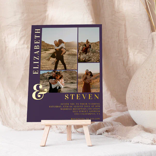 Purple ampersand 4 photo grid wedding gold foil invitation | Zazzle
