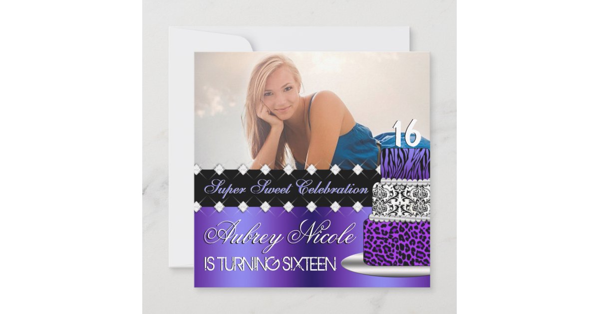 Purple and Black Chic Cake Photo Invitation | Zazzle