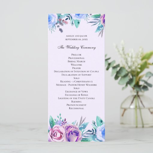Purple and blue floral wedding. Watercolor flowers Program | Zazzle