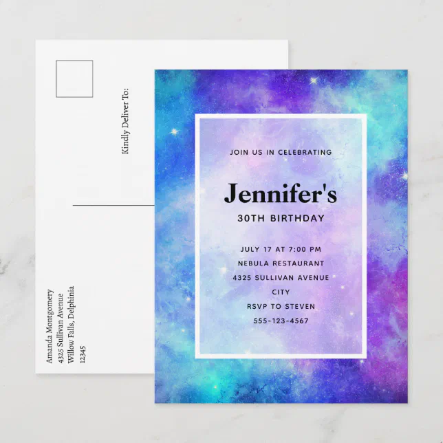 Purple and Blue Galaxy Space Abstract Birthday Invitation Postcard | Zazzle