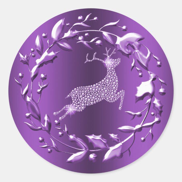 Purple and Diamond Reindeer, Wreath Christmas Classic Round Sticker ...