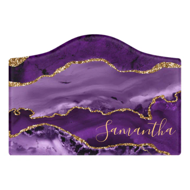 Purple and Faux Gold Glitter Marble Agate Door Sign | Zazzle
