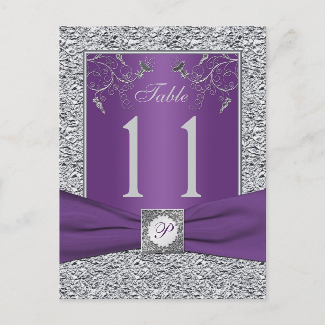 Purple and FAUX Silver Foil Table Number Card | Zazzle