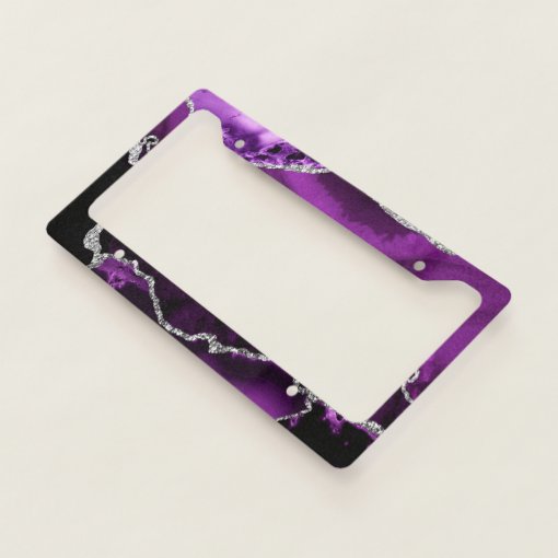 Purple and Faux Silver Glitter Marble Agate License Plate Frame | Zazzle