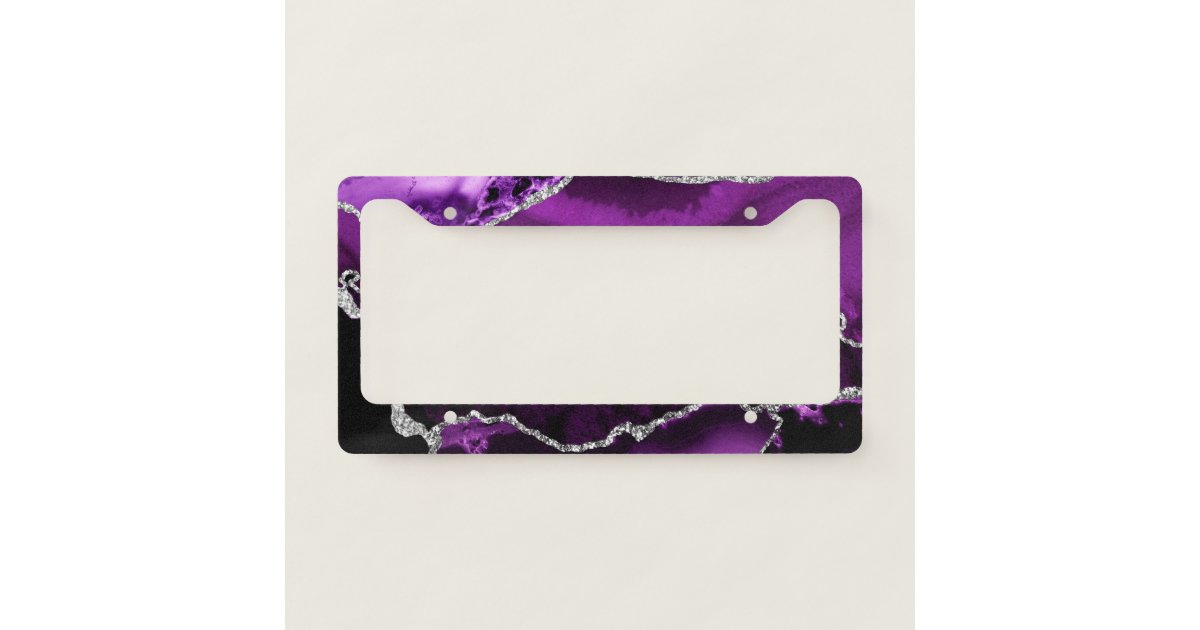 Purple and Faux Silver Glitter Marble Agate License Plate Frame | Zazzle