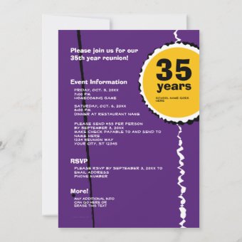 Purple and Gold 35 Year Class Reunion Invitation | Zazzle
