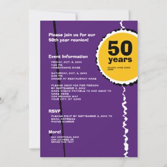 Purple and Gold 50 Year Class Reunion Invitation | Zazzle