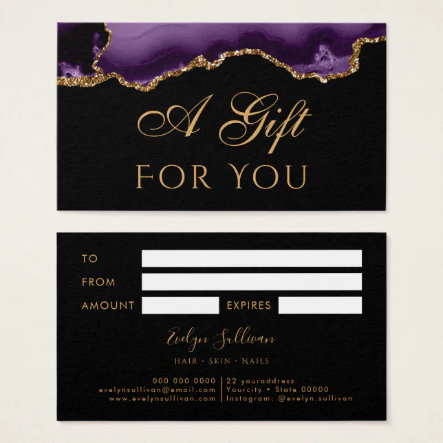 Purple and Gold Agate on Black Gift Card | Zazzle