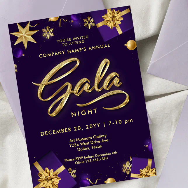 Purple and Gold Christmas Gala Party Business Invitation | Zazzle