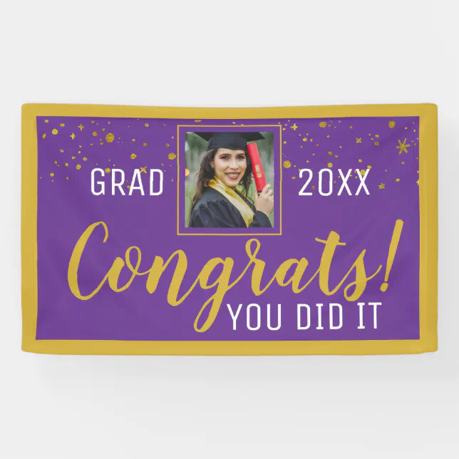 Purple And Gold Confetti Congrats Grad 2020 Photo Banner | Zazzle