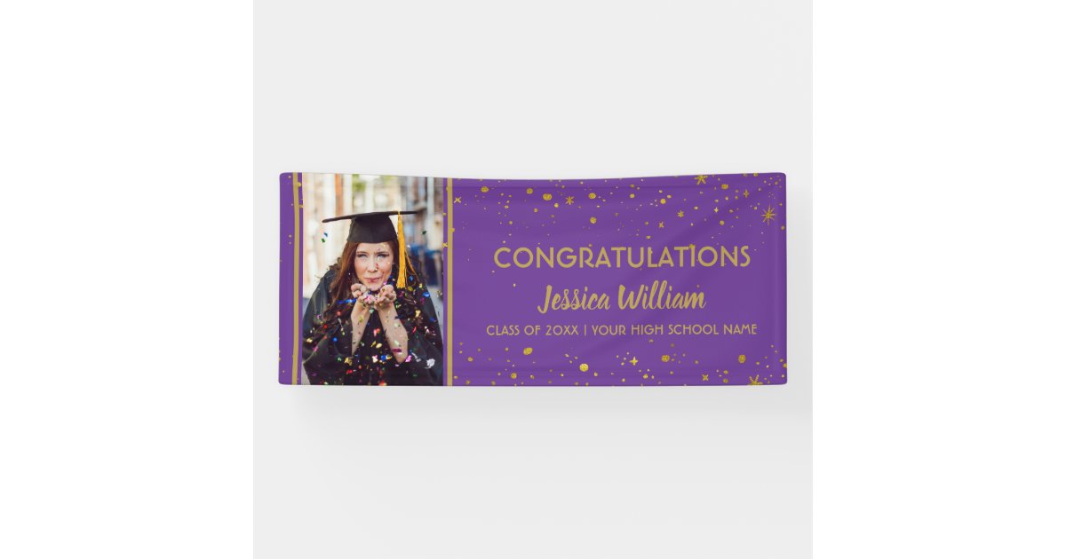 Purple And Gold Confetti Graduate Photo Graduation Banner | Zazzle