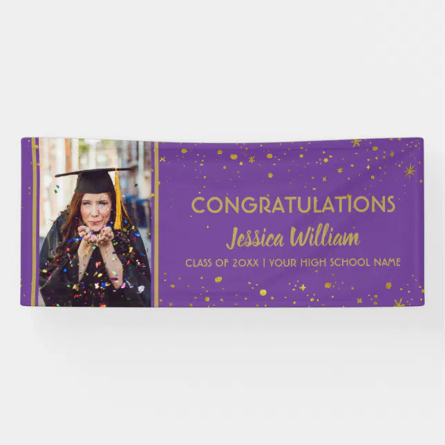 Purple And Gold Confetti Graduate Photo Graduation Banner | Zazzle