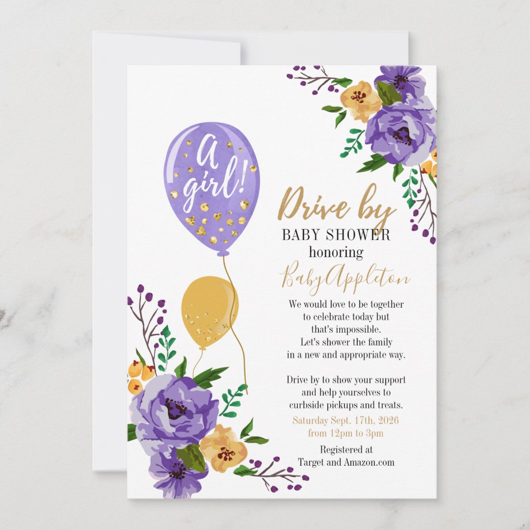 Purple and Gold Floral Drive By Baby Shower Invitation | Zazzle