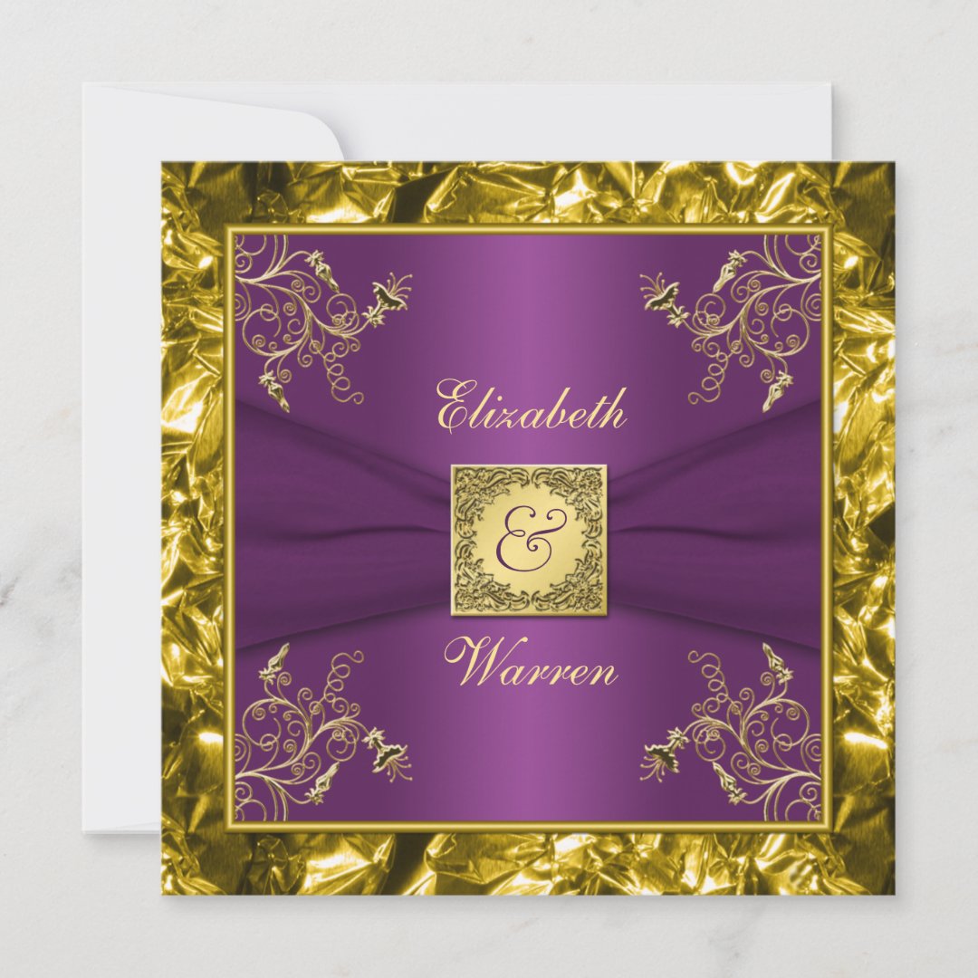 Purple and Gold Floral Monogram Wedding Invitation | Zazzle