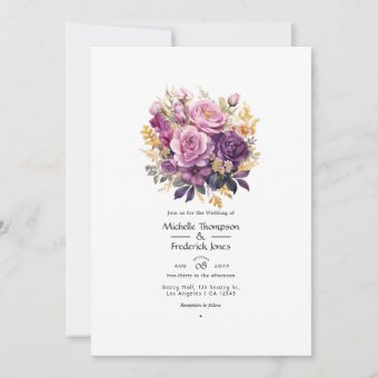 Purple and Gold Floral Wedding Invitation | Zazzle