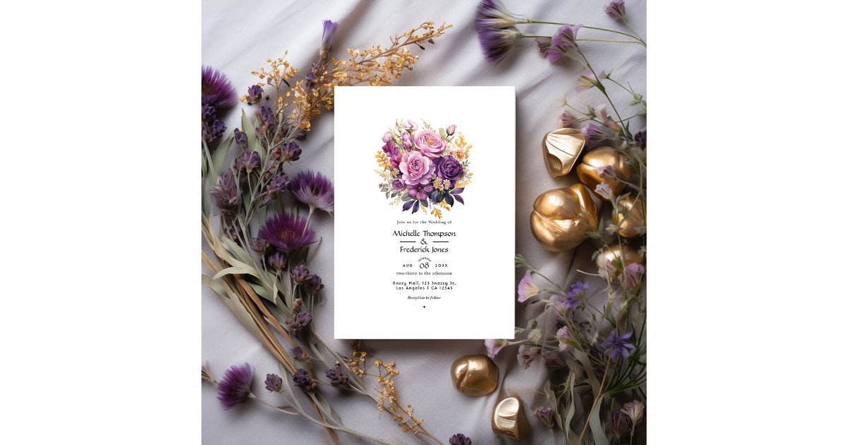 Purple and Gold Floral Wedding Invitation | Zazzle