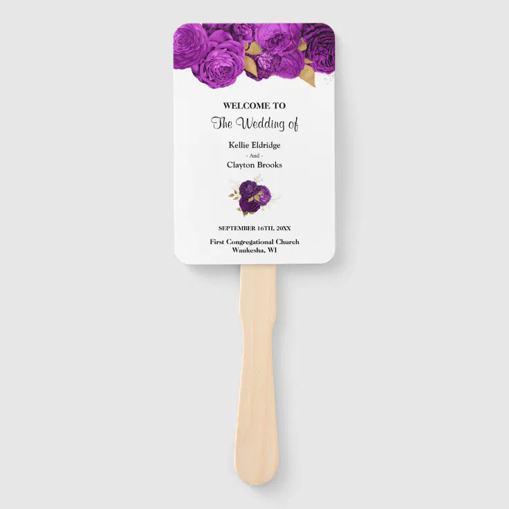 Purple And Gold Floral Wedding Program Hand Fan | Zazzle