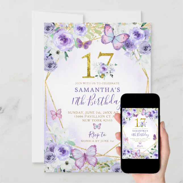 Purple and Gold Geometric Butterfly 17th Birthday Invitation | Zazzle