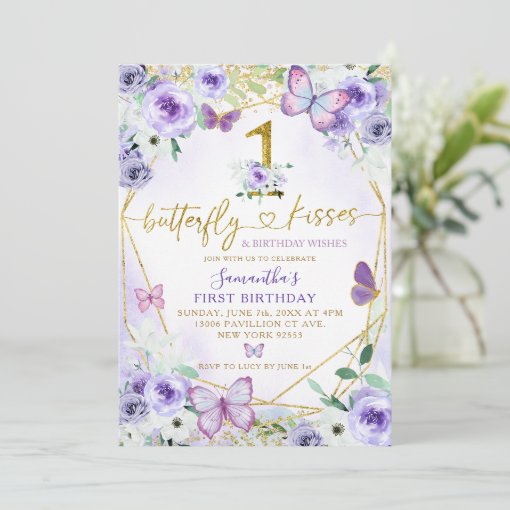 Purple and Gold Geometric Butterfly First Birthday Invitation | Zazzle