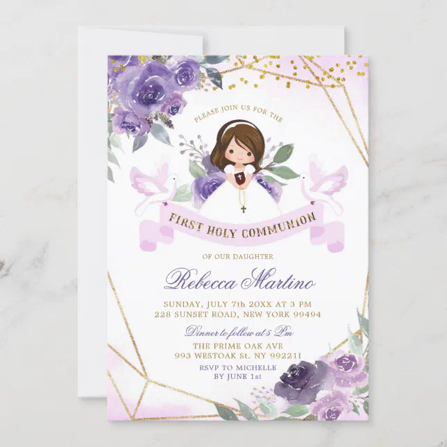 Purple and Gold Girl Floral First Holy Communion Invitation | Zazzle