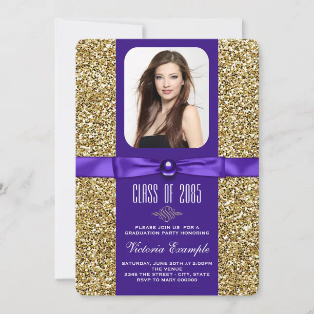 Purple and Gold Glitter Graduation Announcements | Zazzle