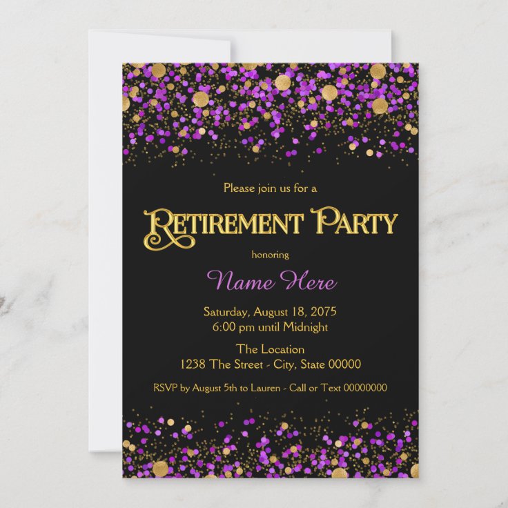 Purple and Gold Glitter Retirement Party Invitation | Zazzle