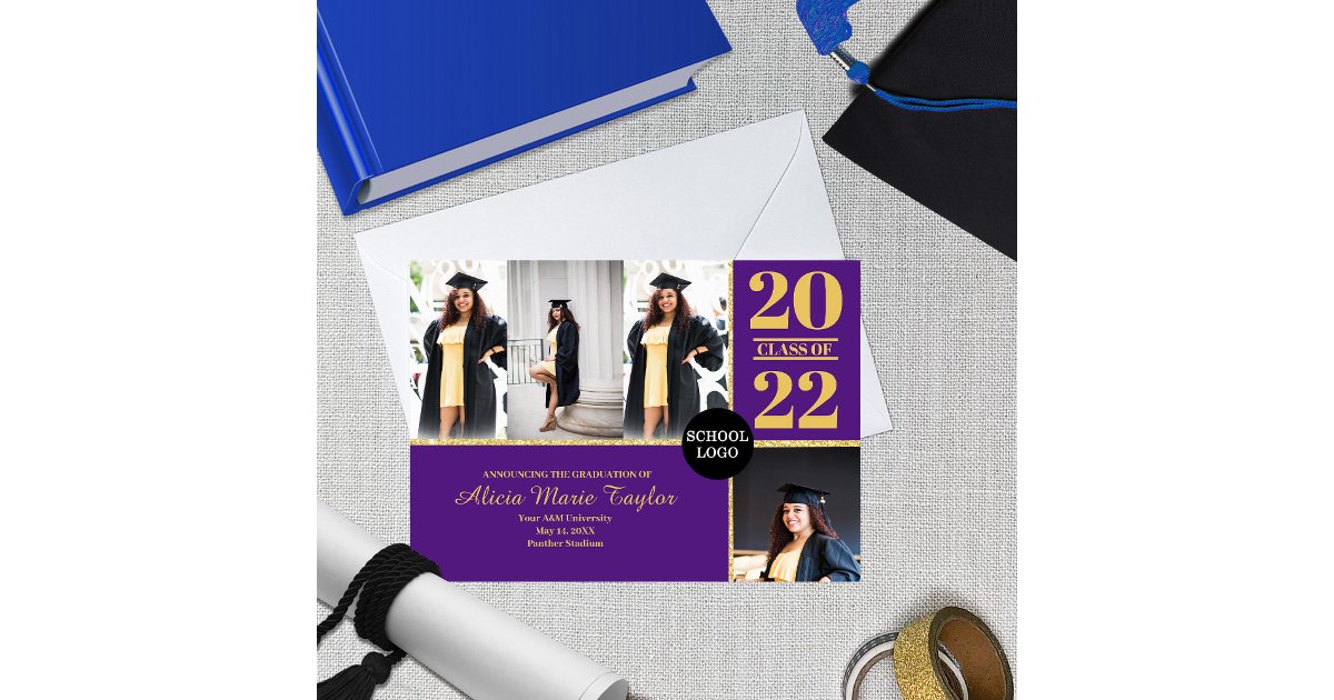 Purple and gold Grad announcement with Photos | Zazzle