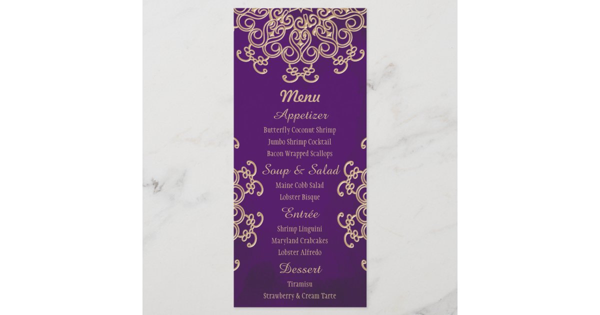 Purple and Gold Indian Style Menu Cards | Zazzle